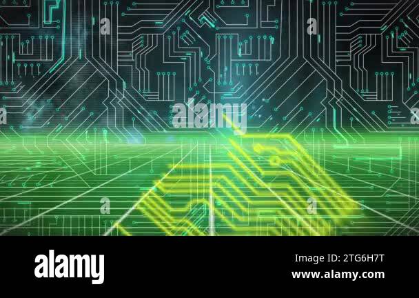 Animation of yellow circuit board pattern over lines in illuminated ...