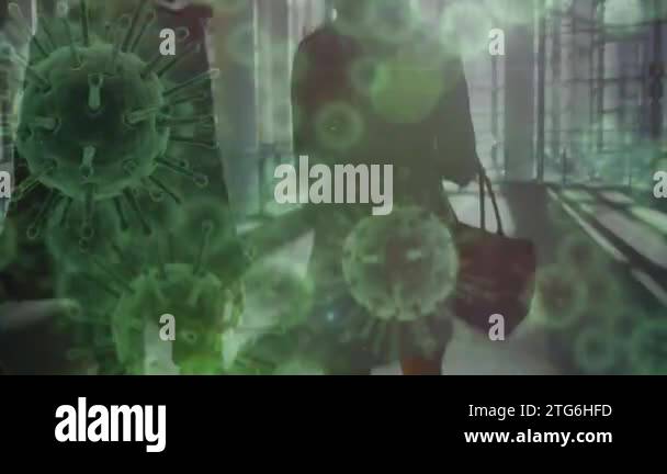 Animation of virus cells over diverse business people walking. global ...