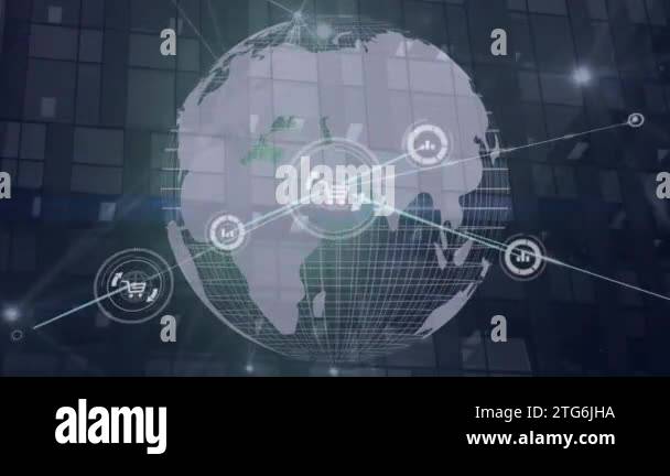 Animation of bar graph and cart icons connected with lines and globe ...