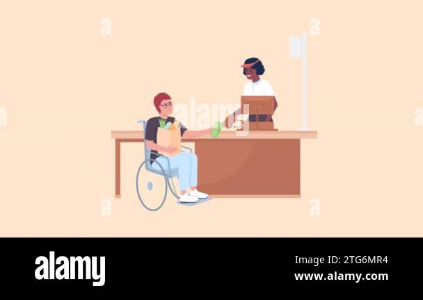 Animated grocery service characters. Man in wheelchair buying food ...