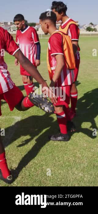 Vertical video of diverse group of male football on field streching ...