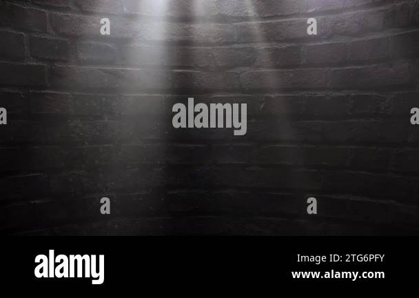 Sunbeams on cellar brick wall, dust particles flying in the air. Rays ...