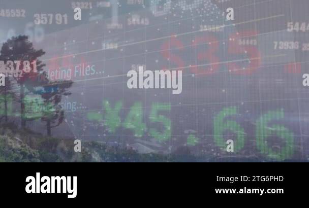 Animation of dots forming globe, trading board, numbers over aerial view of mountain and clear ...