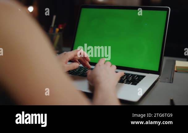 Woman arms texting chromakey computer at home closeup. Unknown overwork ...
