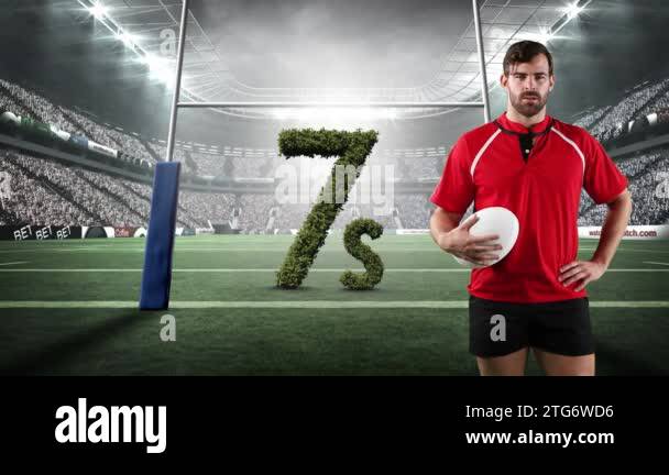 Animation of caucasian rugby player and 7s number formed with grass in ...