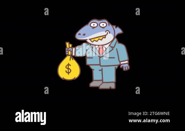 Shark holding bag of money and smiling. Frame by frame animation. Alpha ...