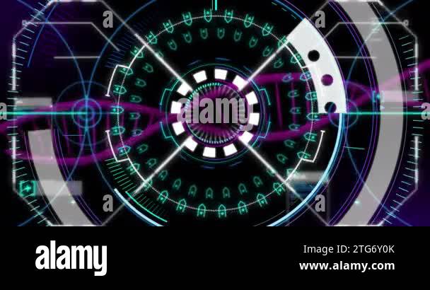 Animation of arc reactor with abstract pattern and dna helix over black background. Digitally ...