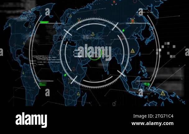 Animation of scope, markers and data processing over world map. global ...