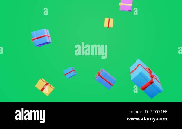 3D animated christmas gift boxes slowly falling down, 4k green screen ...