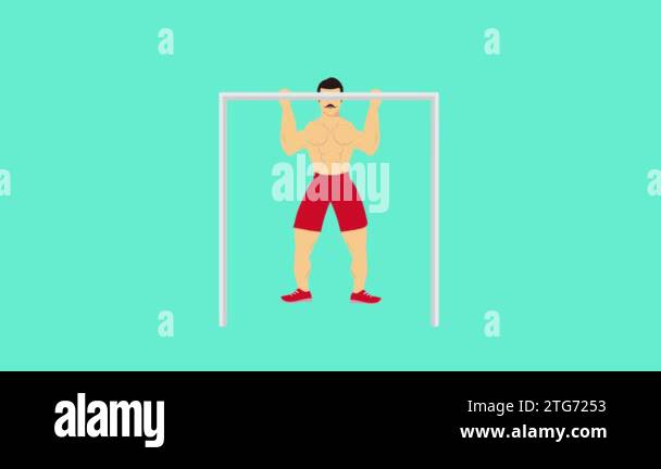 Bodybuilder man with mustache doing pull-up exercise 4K animation. Man ...