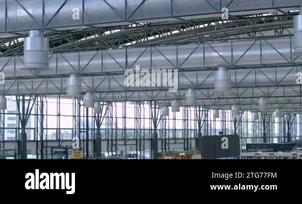 Ventilation systems on ceilings of a metal structure. Pipes and air ...