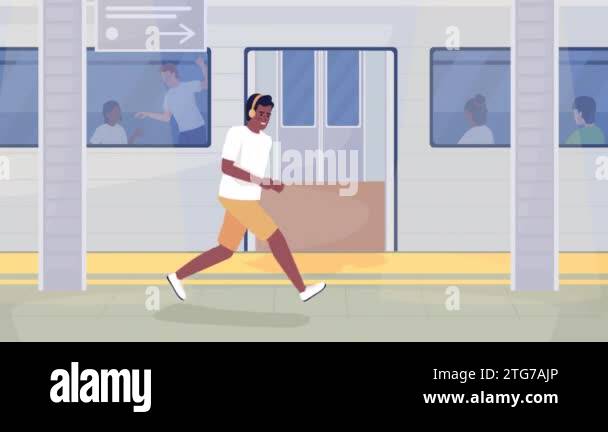 Animated urban training illustration. Man running across subway station ...