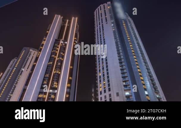 Tallest skyscrapers looking up view in downtown dubai located on ...