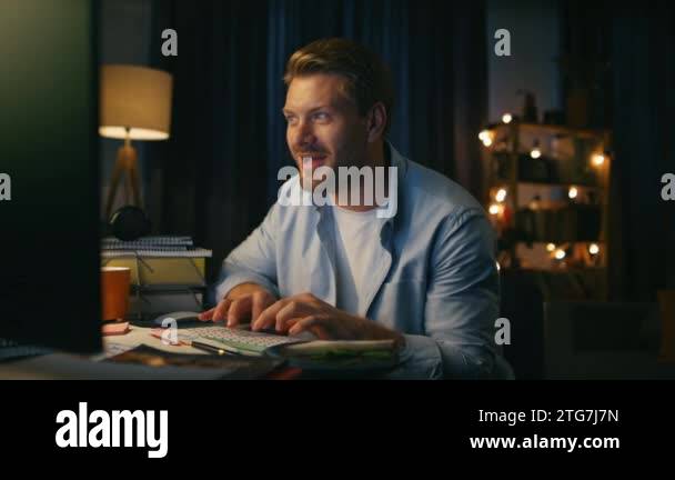 Angry man arguing computer at evening home closeup. Stressed freelancer ...