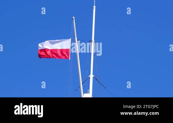 Flag of Poland waving on flag pole of ship. Polish flag fluttering ...