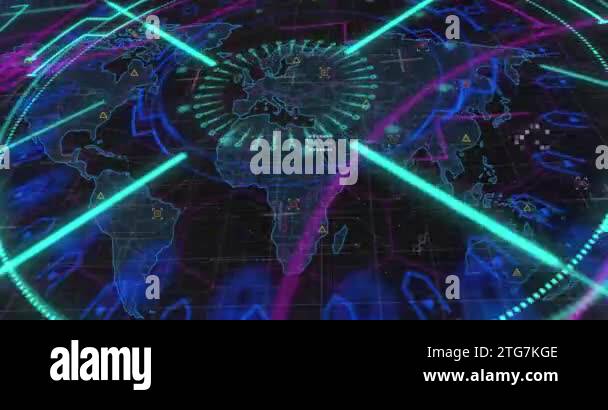 Animation of scope, markers and data processing over world map. global connections, digital ...