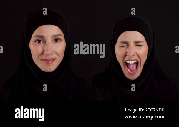 Mood swings, human emotions concept. Double portrait of emotional young ...