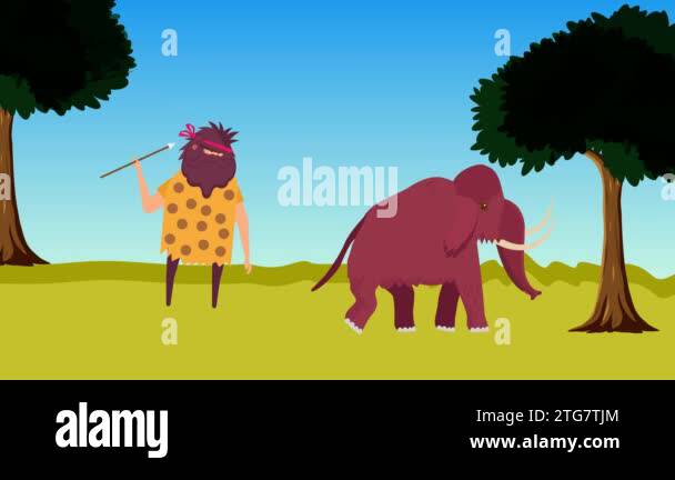Caveman hunting a mammoth with a spear in a jungle 4K animation ...