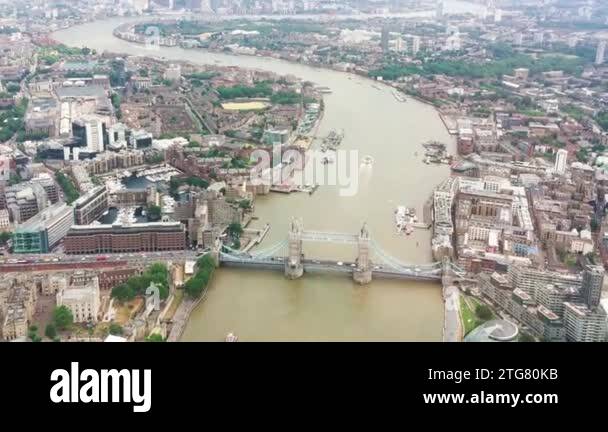 London, United Kingdom. Aerial view of city skyline and Tower Bridge ...
