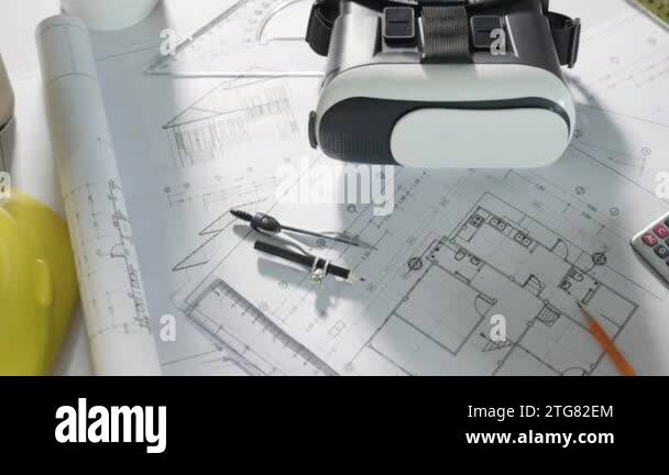 Architect workplace top view. Architectural blueprint paper project plans on desk table, tool ...