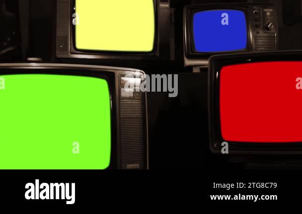 Four Old Televisions Turning Off Different Chroma Key Screens. Zoom Out ...
