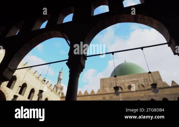 The Great Mosque of Muhammad Ali Pasha inside entrance gate with arch wall details pan shot ...