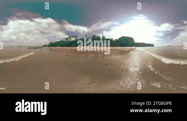 360 VR beautiful beach sea sand and sky. The big sun in the clouds ...