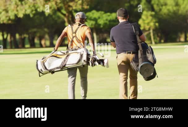 Video of back view of diverse male friends walking on golf field. sporty, active lifestyle and ...