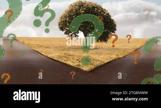 Animation of question marks over landscape with tree and road ...