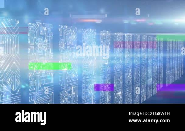 Animation of glitch effect over screens of microprocessor connections against blue background ...