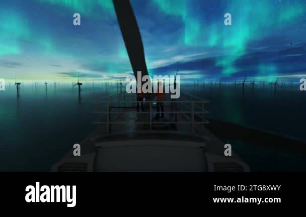 Maintenance workers on top of an offshore wind turbine against starry ...