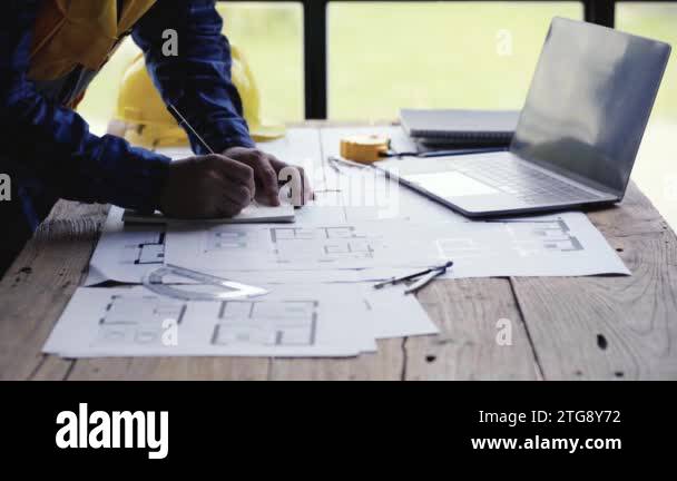 Architectural Project Workplace Engineer drafts construction project ...