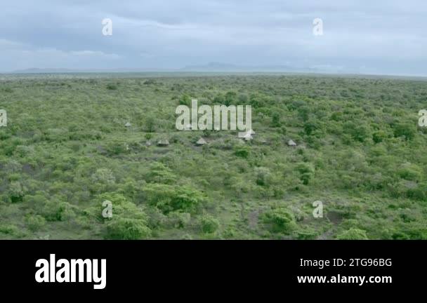 Aerial view of the savannah with the village where the tribes live ...