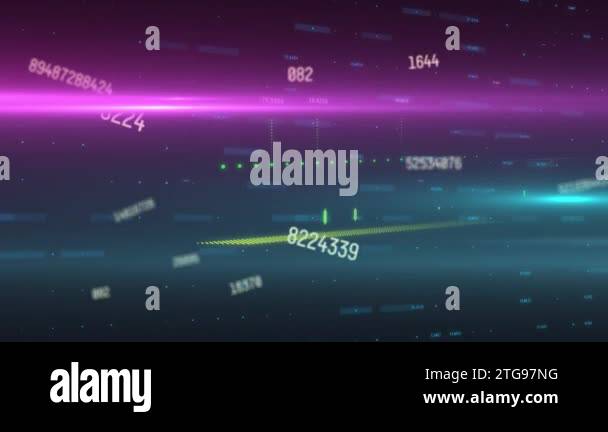 Multiple changing numbers and statistical data processing on purple and blue gradient background ...