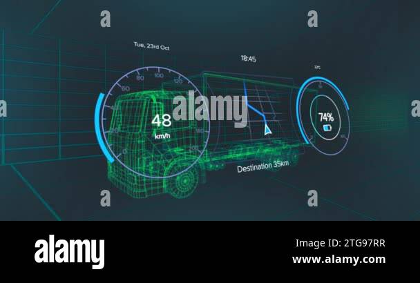 Animation of speedometer over electric truck project on navy background ...