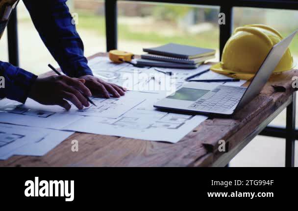 Architectural Project Workplace Engineer drafts construction project ...