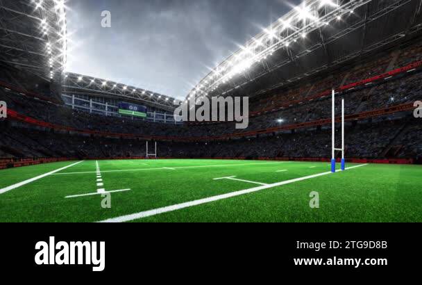 Rugby stadium with goal posts at corner view. Grassy playground and fan ...