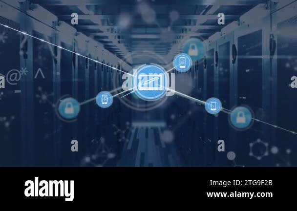 Animation of connected icons, floating nucleotides and symbols against ...