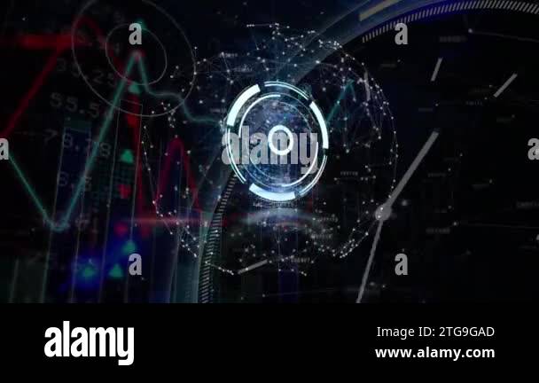 Animation of circle, dots forming globe, graphs with numbers and ...