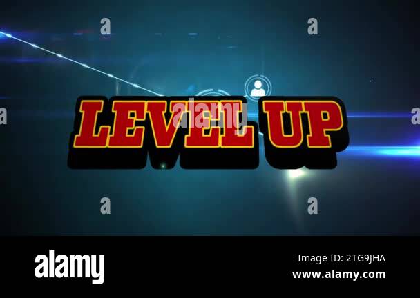Animation of level up text, profile icons connected with lines, lens ...