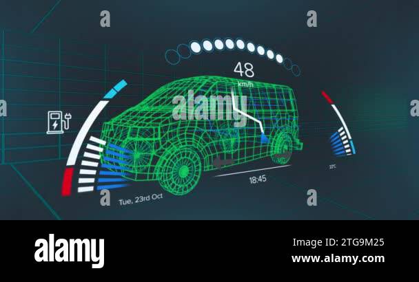 Animation of speedometer over electric van project on navy background ...