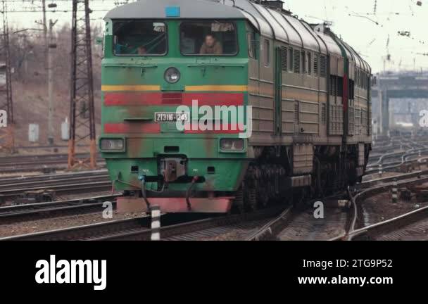 Railway locomotive. Front view. Old soviet diesel vehicle. Front view ...