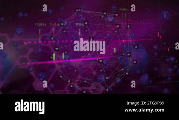 Animation of network of connections with icons over globe and screens. Global connections ...