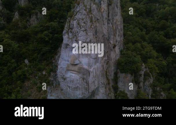 Aerial video of the statue of Decebal, located on the gorges of Danube ...