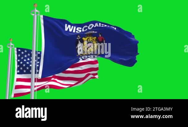 The Wisconsin state flag waving along with the national flag of the ...