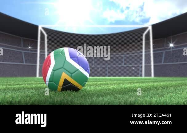 South Africa soccer ball, rolling into stadium with camera flashes. 3D ...
