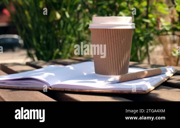 Concept of study at wooden bench in park. Drinking coffee from paper ...