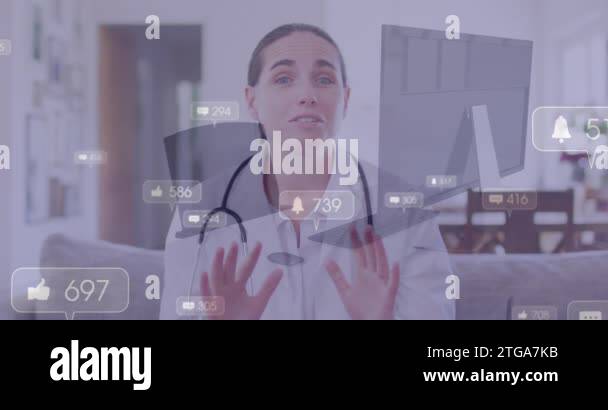 Animation of social media icons with numbers over caucasian female ...