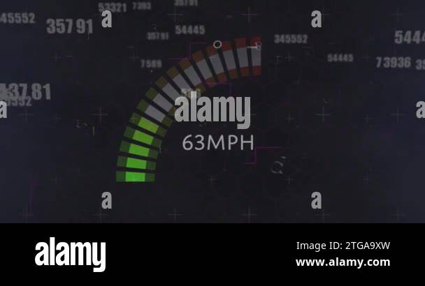 Animation of changing numbers over speedometer and padlock and black background. automotive, car ...