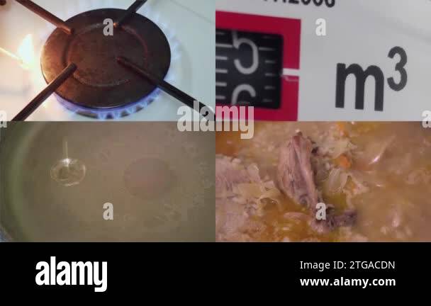 video collage of running gas meter, burning gas burner and cooking ...